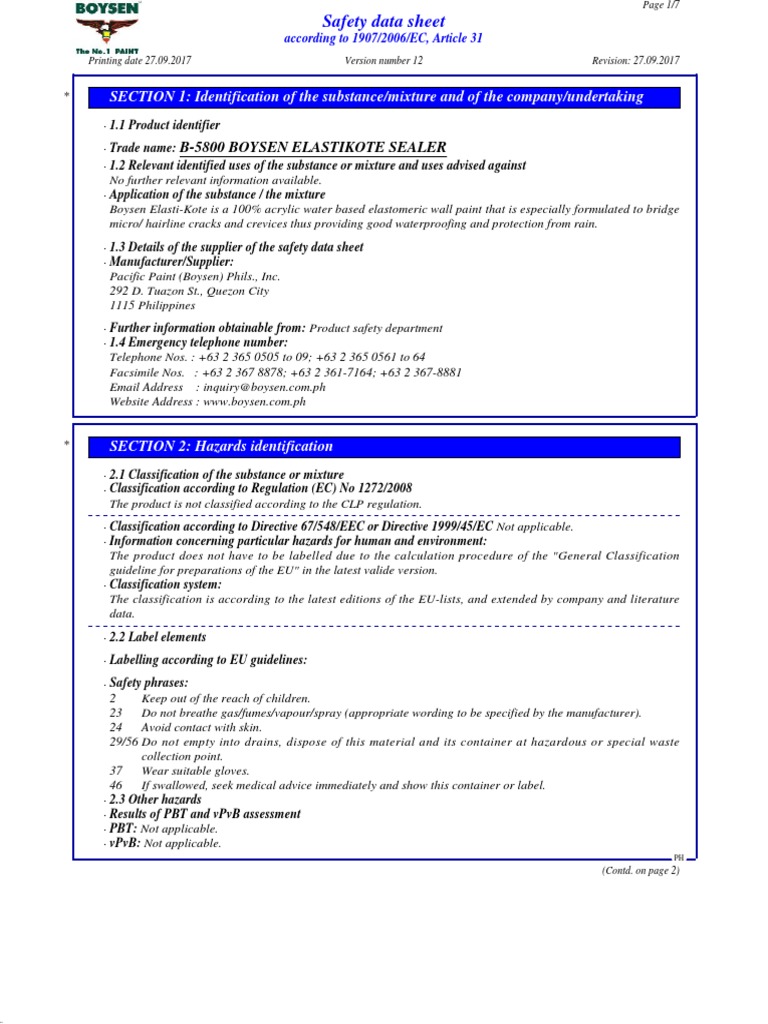 Boysen Elasti-Kote Sealer Safety Data | PDF | Dangerous Goods | Materials