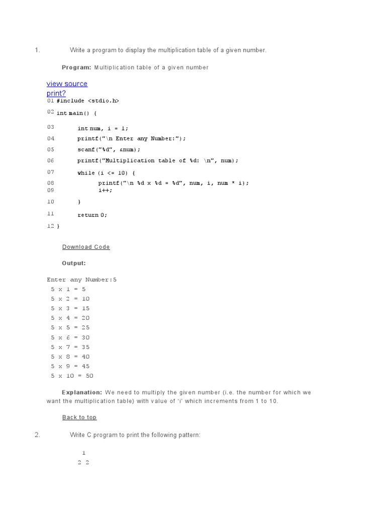 Write A Program To Display The Multiplication Table Of A Given Number Pdf Pointer Computer