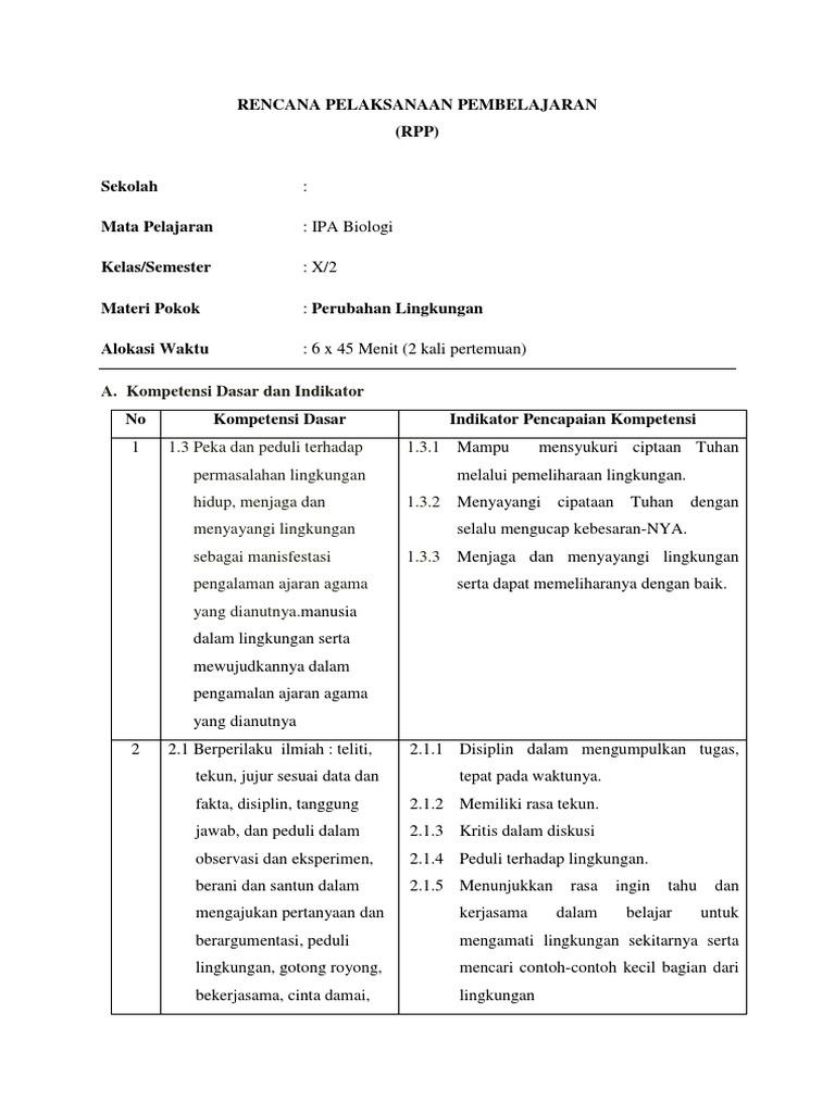 RPP PERUBAHAN LINGKUNGAN Kurtilas (K13) Versi Revisi | PDF