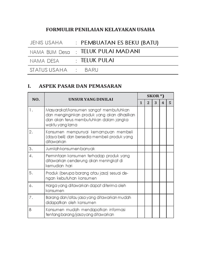 Teluk Pulai Formulir Penilaian Kelayakan Usaha | PDF Teluk Pulai Formulir Penilaian Kelayakan Usaha | PDF
