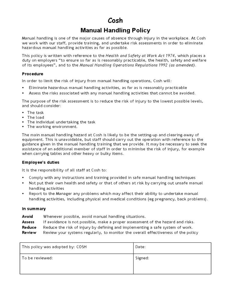 COSH Manual Handling Policy | PDF | Occupational Safety And Health ...
