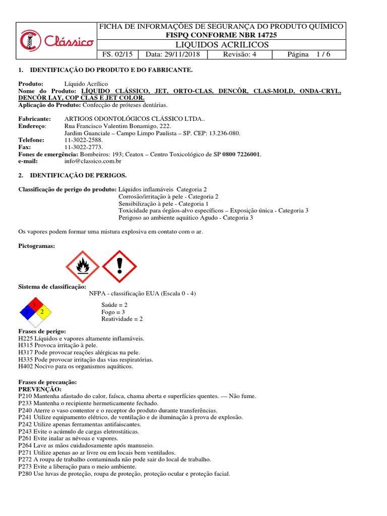 Acrílico Polimerizante - Linha JET (Líquido) - FISPQ | PDF ...