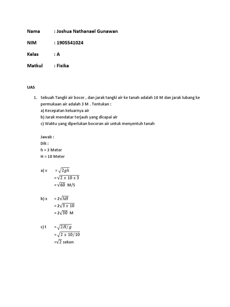 Uas - Fisika - Joshua Nathanael Gunawan - 1905541024 - A | PDF | Ilmu ...