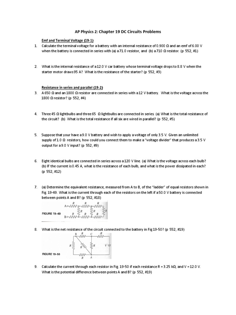 AP Physics 2 Chapter 19 DC Circuits Problems | PDF | Series And Parallel Circuits | Capacitor