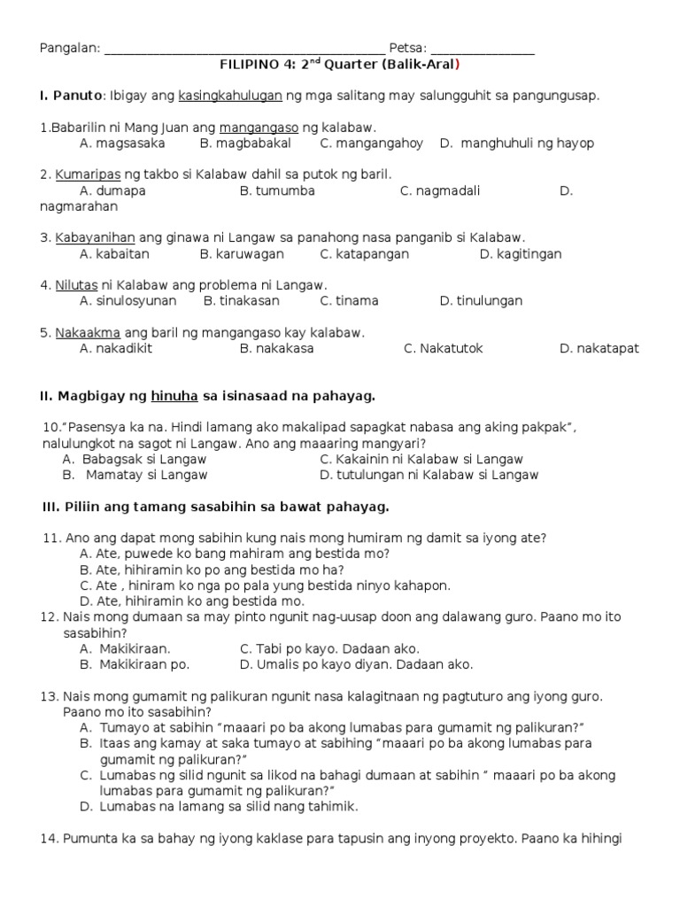 FILIPINO 4.2nd QTR Reviewer Set A | PDF
