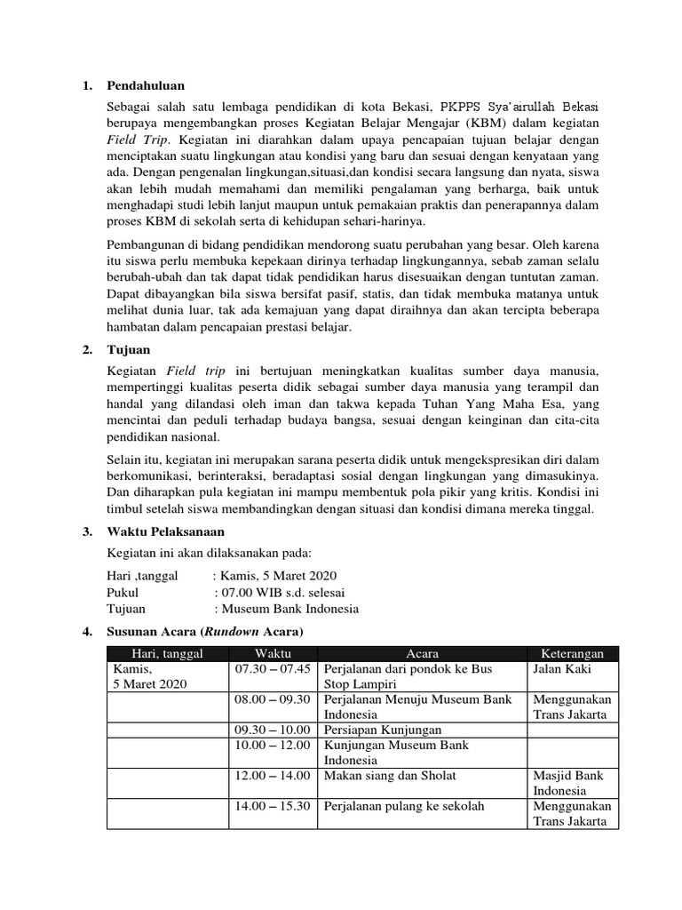 Proposal Field Trip ke Museum Bank Indonesia | PDF