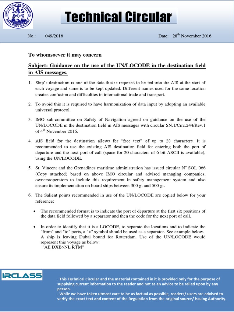 Guidance On The Use of The Un Locode in The Destination Field in Ais ...