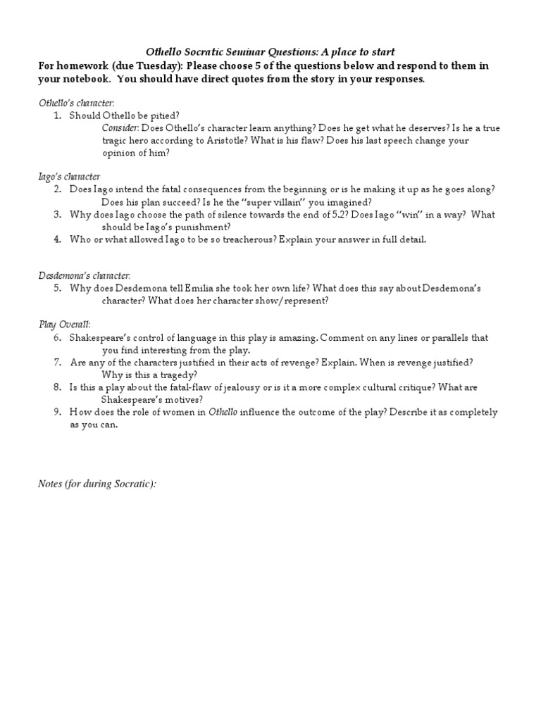 Othello Socratic Seminar | PDF | General Fiction