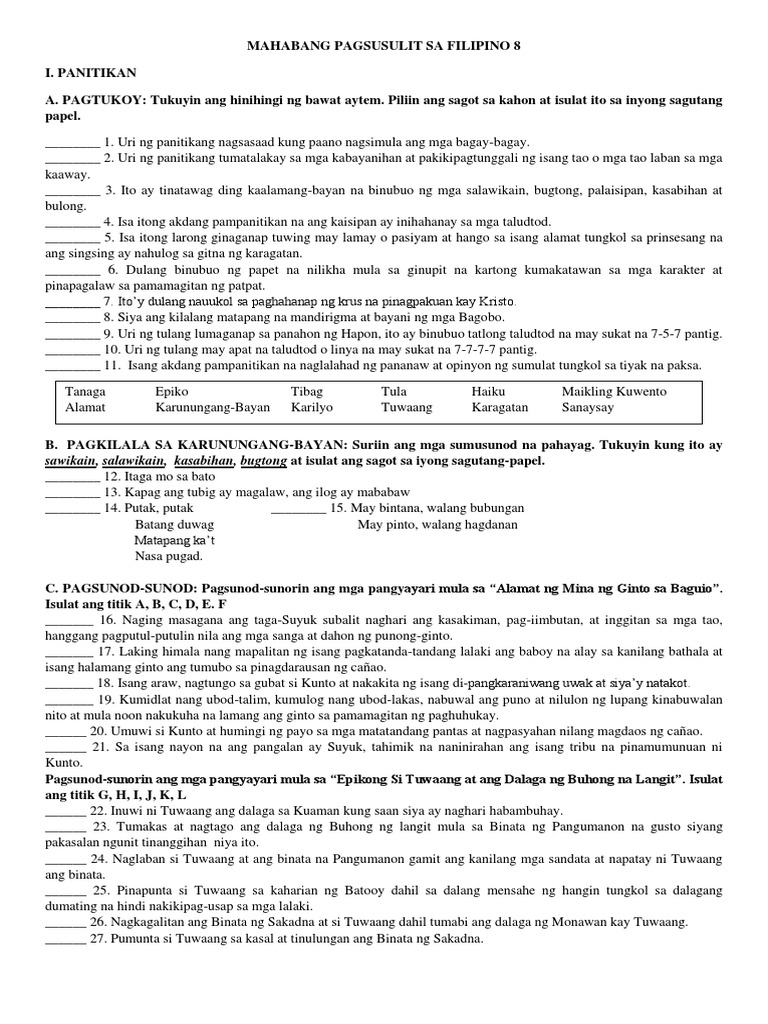Mahabang Pagsusulit Sa Filipino 8 | PDF