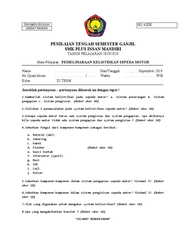 Soal PTS Kelas XI TBSM Pemeliharaan Kelistrikan | PDF