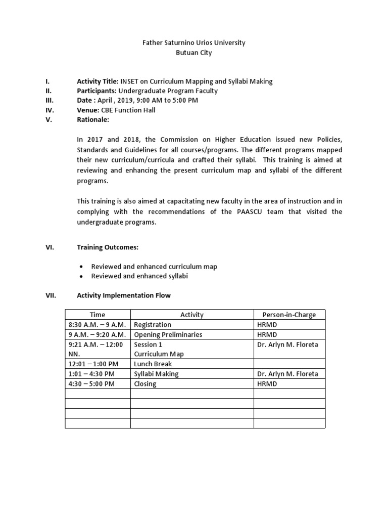 INSET On Curriculum Mapping and Syllabi Making | PDF | Curriculum ...
