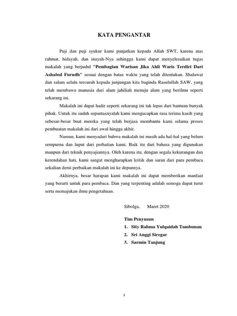 MAKALAH Pembagian Warisan Jika Ahli Waris Terdiri Dari Ashabul Furudh | PDF