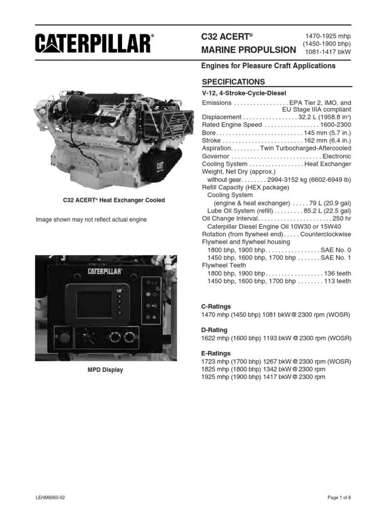 Cat C32 ACERT Spec Sheet - Pleasure Craft | PDF | Horsepower | Engines