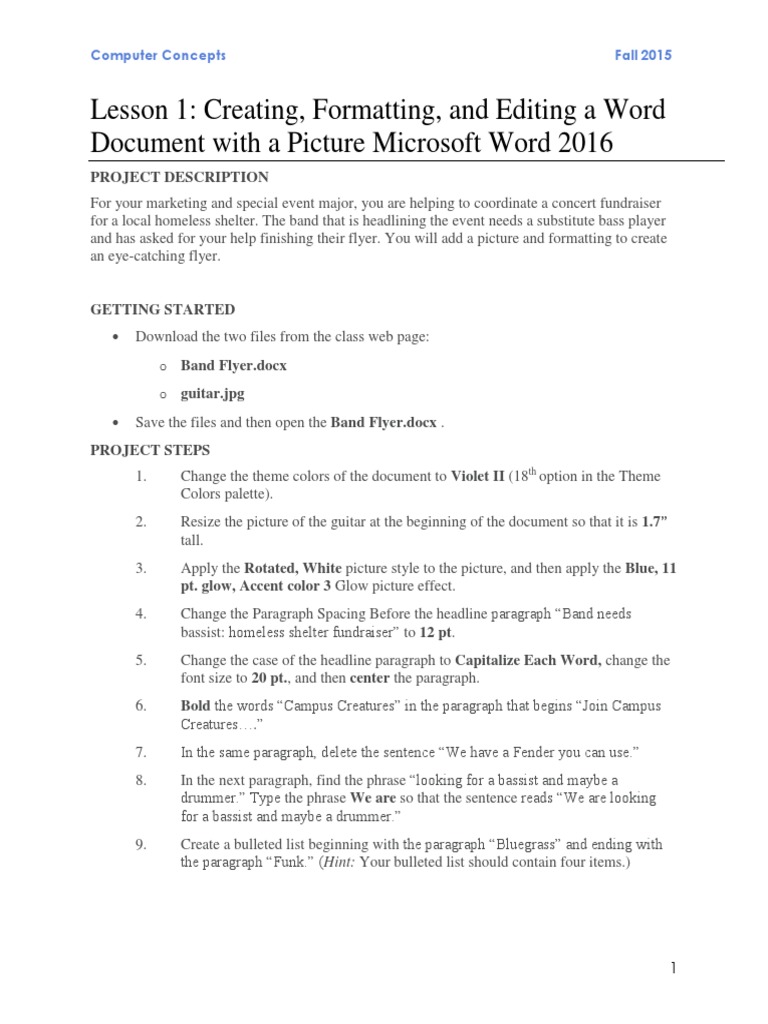 Microsoft Word 2016 Lesson 1 PROJECT Directions | PDF | Paragraph ...