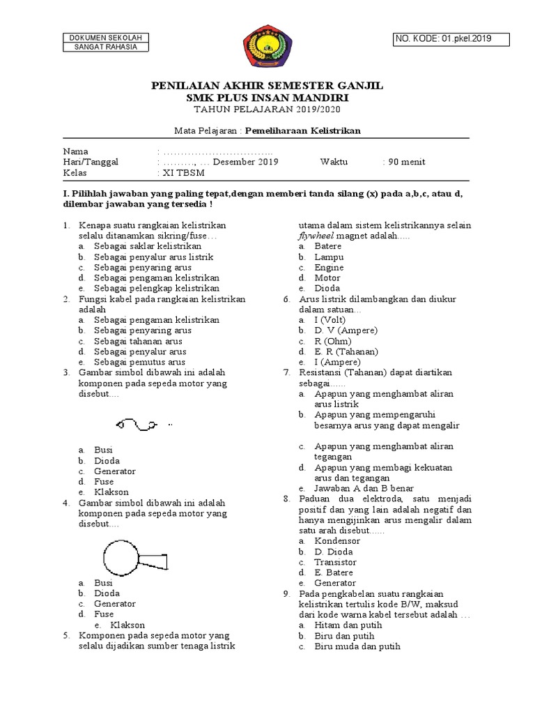 Soal Pas Ganjil Kelas Xi TBSM Pemeliharaan Kelistrikan | PDF