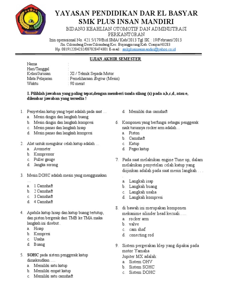Soal Uas TSM Kelas Xi Pemeliharaan Mesin | PDF