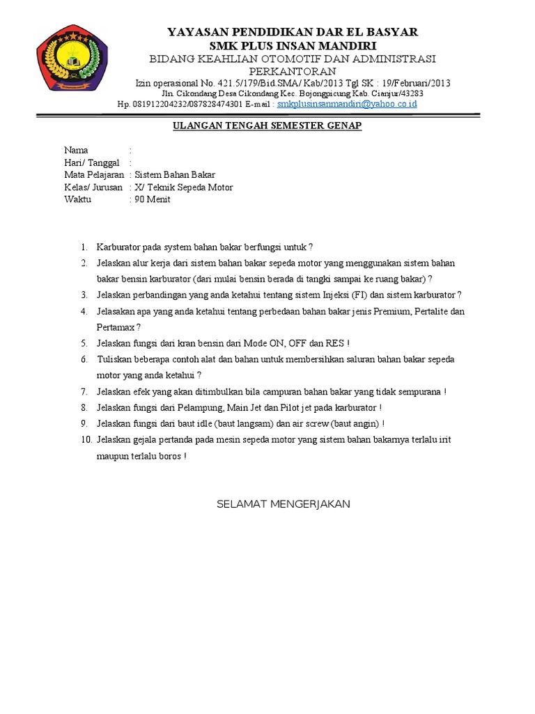 Soal Uts TSM Kelas X (Sistem Bahan Bakar) | PDF