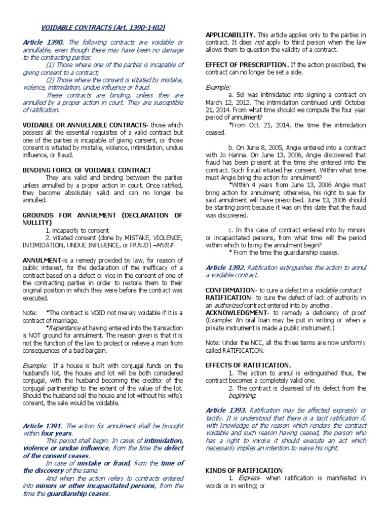 Voidable Contracts Explained | PDF | Annulment | Ratification