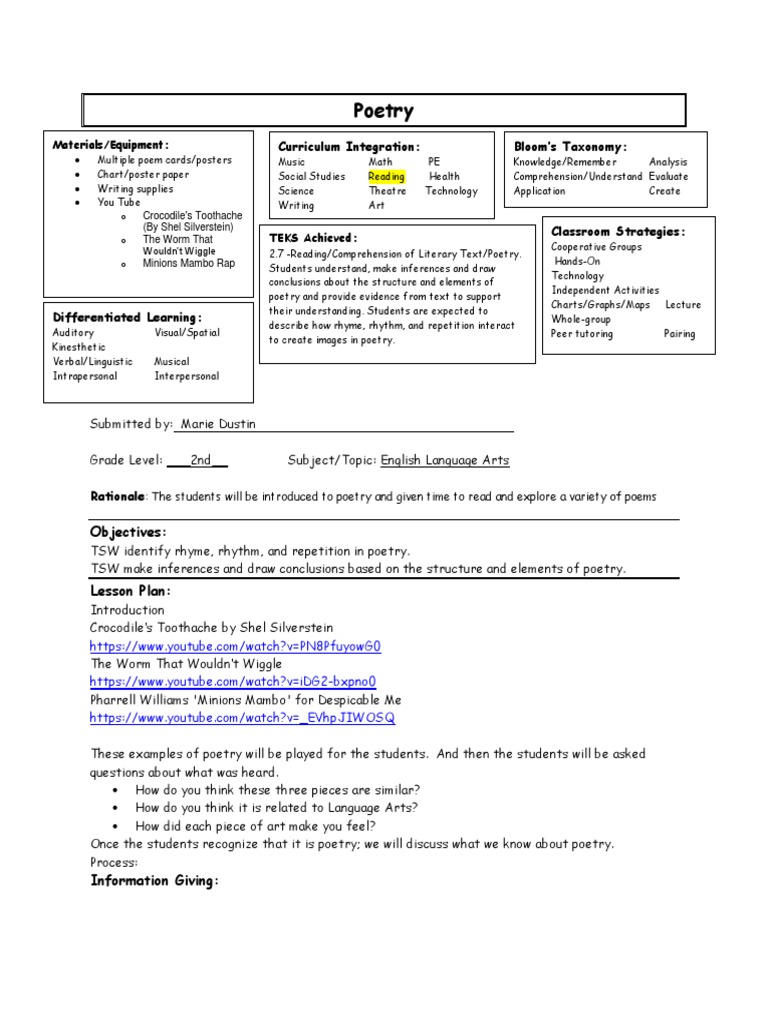 Grade 2 Poetry Lesson Plan | PDF | Poetry | Reading Comprehension