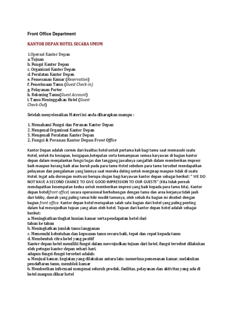 Fungsi dan Peranan Kantor Depan Hotel | PDF