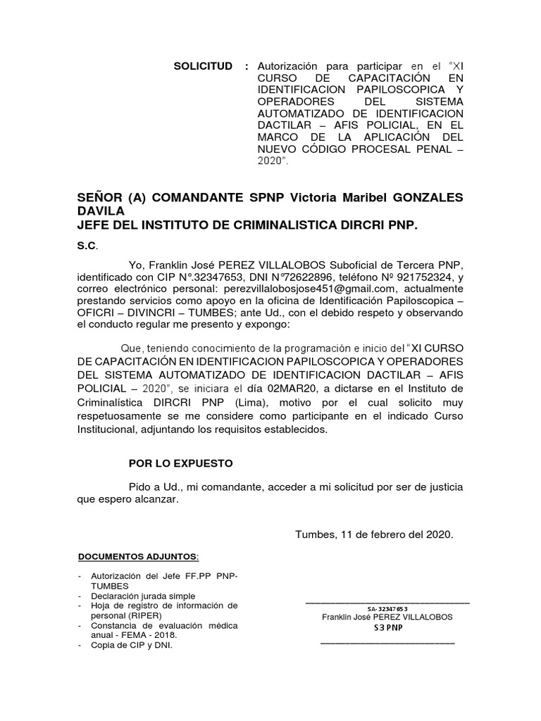 Solicitud Curso AFIS Policial | PDF | Instituciones sociales | Ciencias sociales