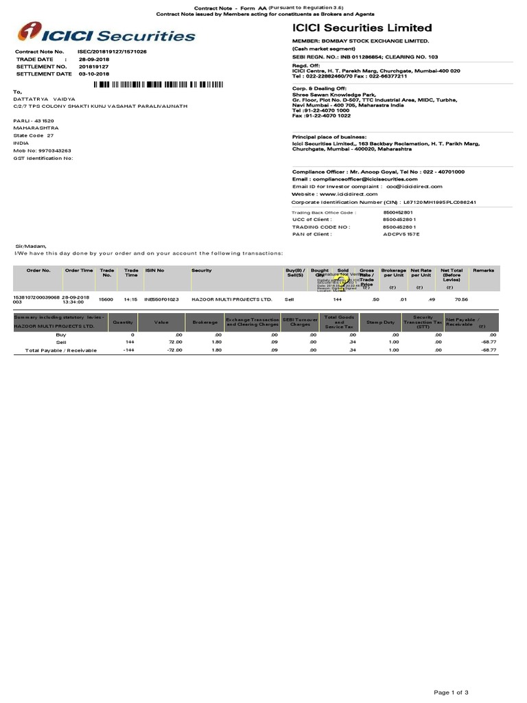 Contract Notes | PDF | Stocks | Securities (Finance)