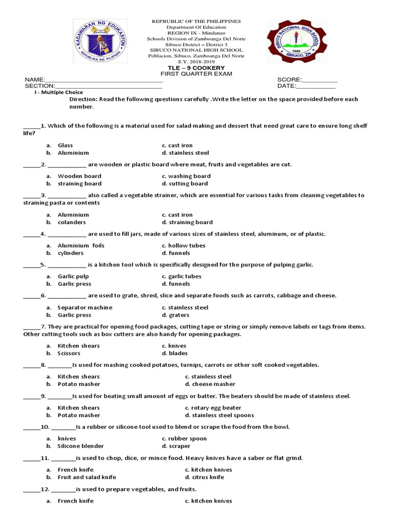 Tle G9 Q1-Qe | PDF | Knife | Hors D'oeuvre