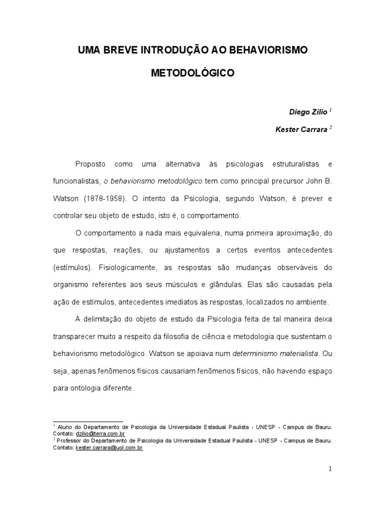 Uma Introdução ao Behaviorismo Metodológico de John B. Watson: Seus ...