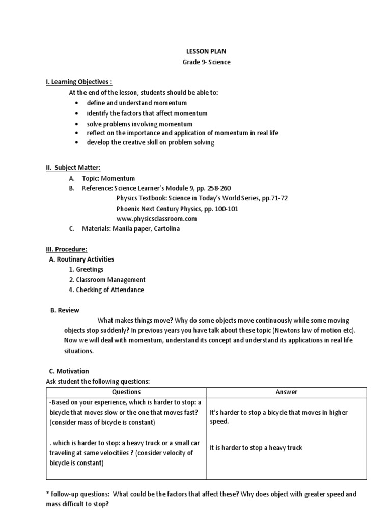 Lesson Plan - Momentum (Grade 9) | PDF | Momentum | Mass