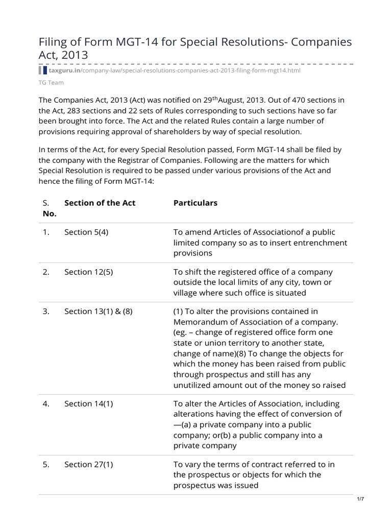 Filing Form MGT-14 for Special Resolutions | PDF | Liquidation ...