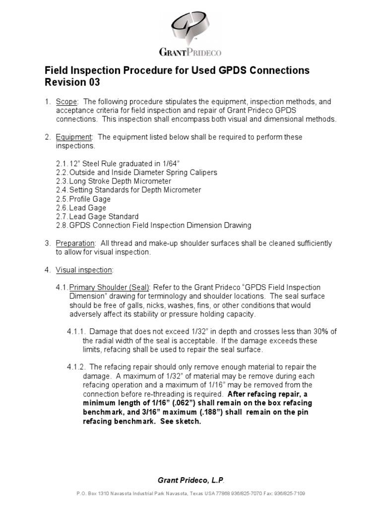 Field Inspection Procedure For Used GPDS Connections Revision 03 PDF ...