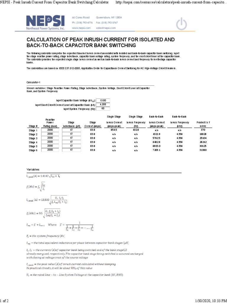 NEPSI - Peak Inrush Current From Capacitor Bank Switching Calculator | PDF | Capacitor | Ac Power