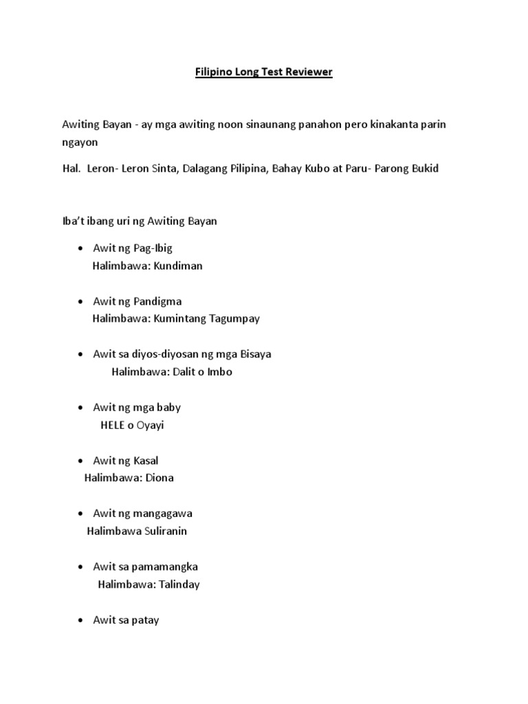 Filipino Long Test Reviewer | PDF