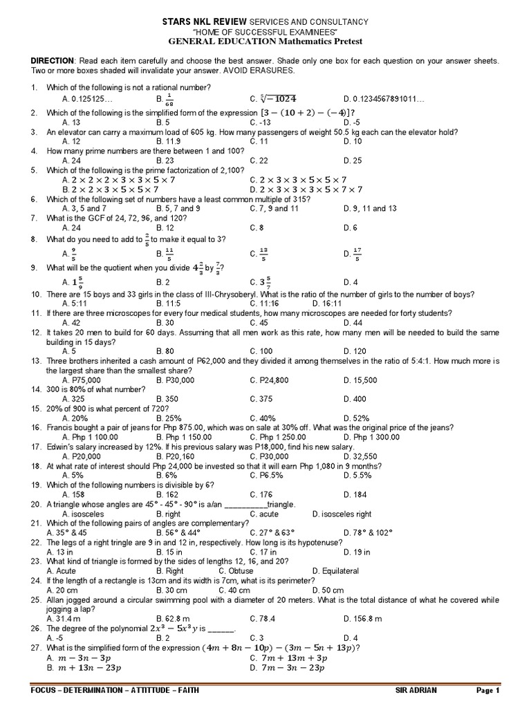 GenEd Mathematics Pretest With KEY | PDF | Euclidean Plane Geometry ...