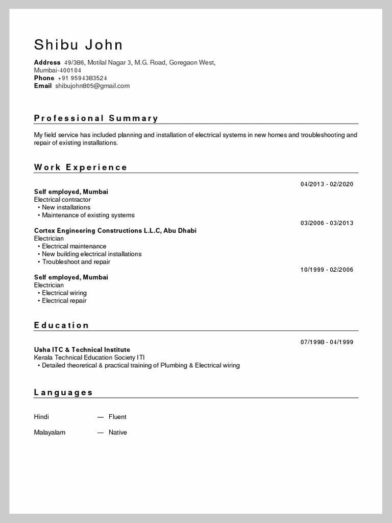 Shibu John CV | PDF | Electrician | Construction Law