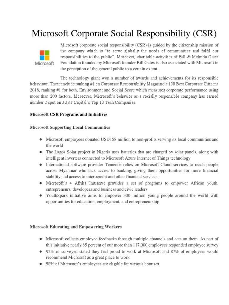 Microsoft Corporate Social Responsibility (CSR) | PDF | Corporate ...