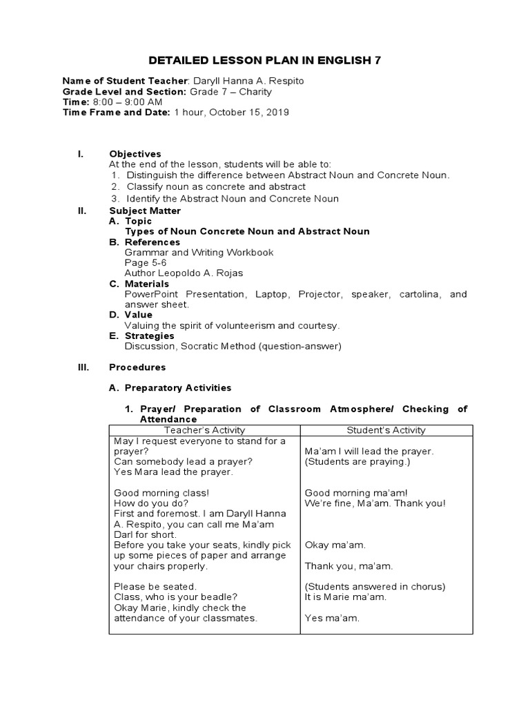 Final Detailed Lesson Plan | PDF | Noun | Feeling