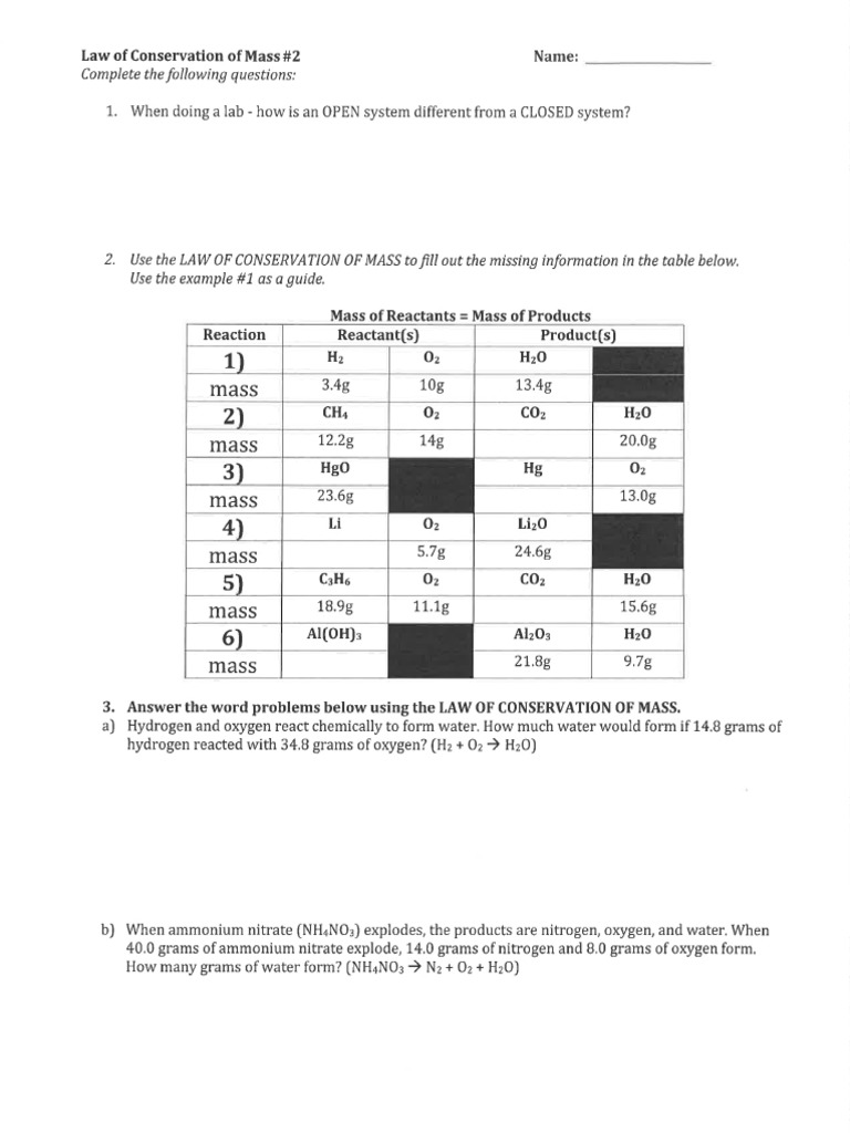 Law of Conservation of Mass - 2 and KEY | PDF