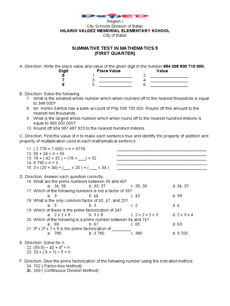 First Summative Test in Math 5 (First Quarter) | PDF | Numbers ...