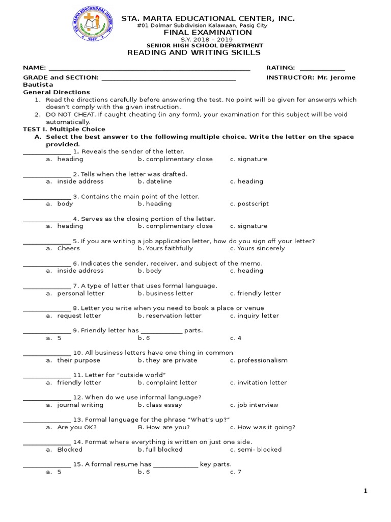 Reading Writing Skills FINAL EXAM | PDF | Test (Assessment) | Employment