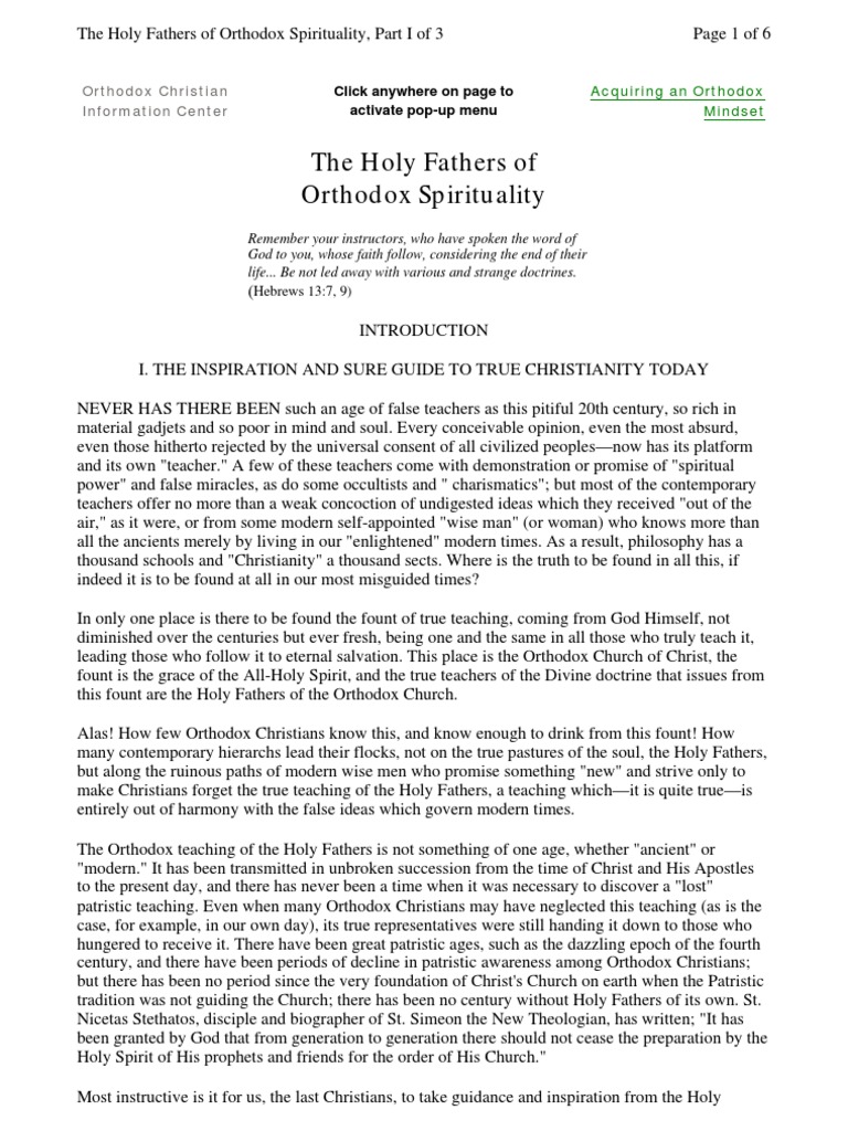 The Holy Fathers of Orthodox Spirituality, Part I | PDF | Eastern ...