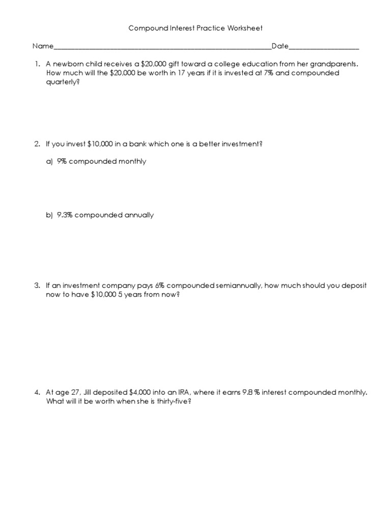 Compound Interest Practice Worksheet 4 | PDF