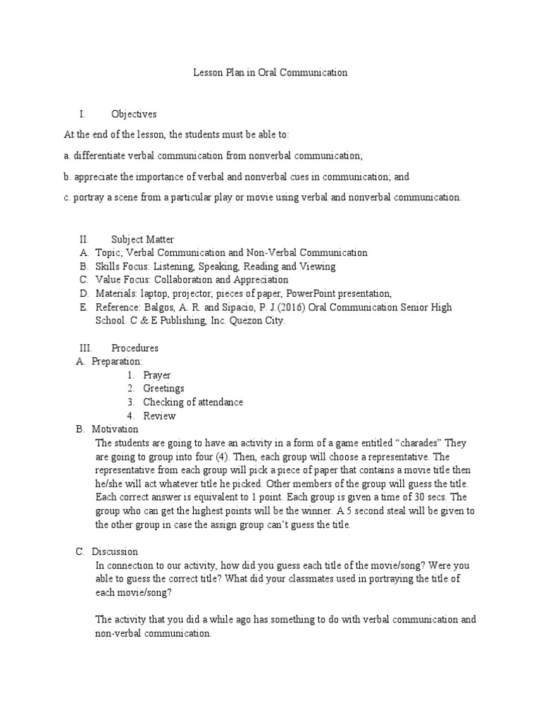 Lesson Plan in Oral Communication | PDF | Nonverbal Communication ...