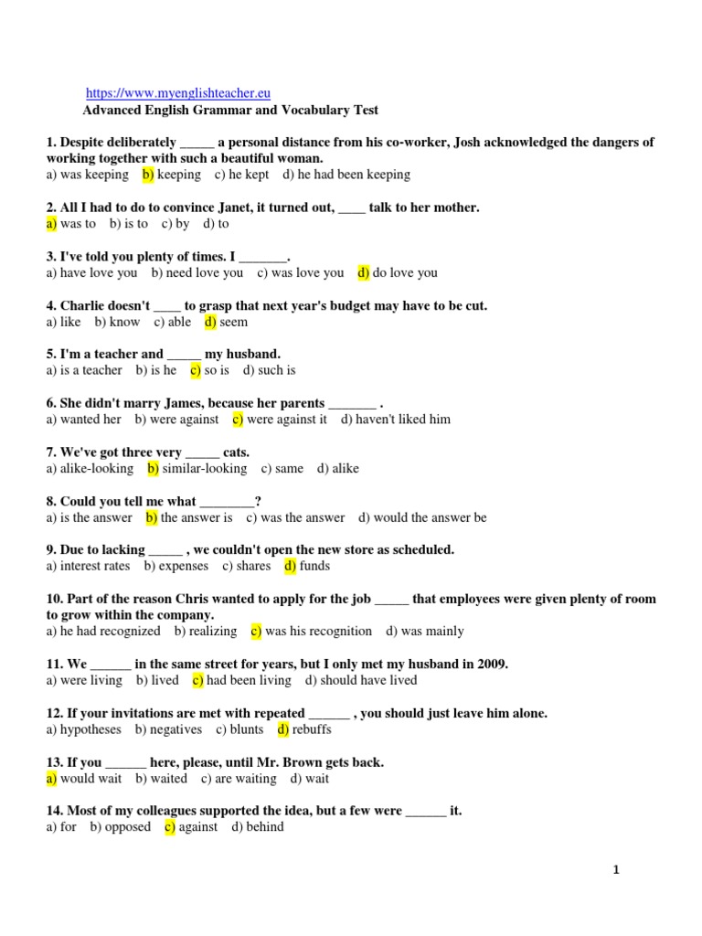 Advanced English Grammar and Vocabulary Test | PDF