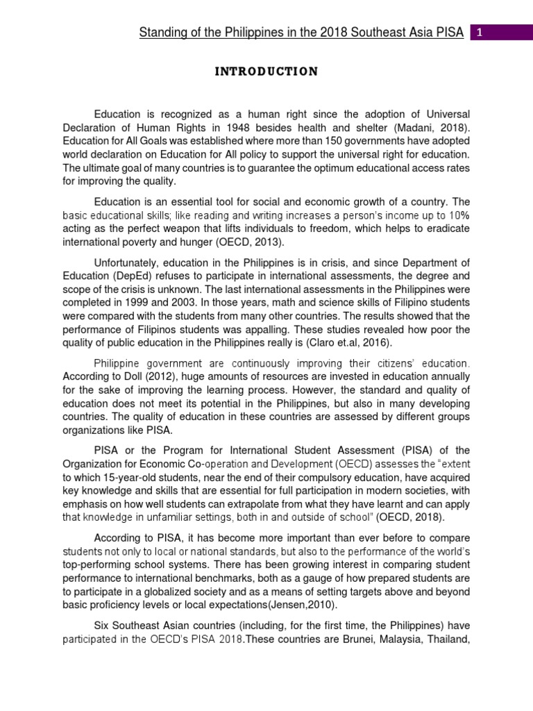 Philippines Ranks Last in 2018 Southeast Asia PISA | PDF | Programme ...