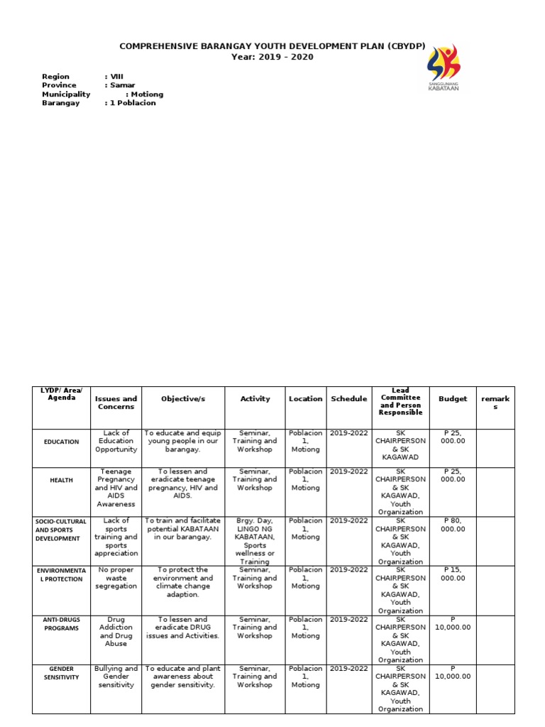 Comprehensive Barangay Youth Development Plan | PDF