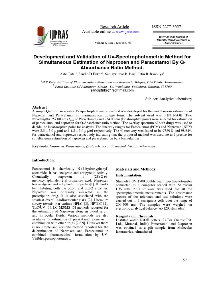 Development and Validation of Uv Spectrophotometric Method For Simultaneous Estimation of ...