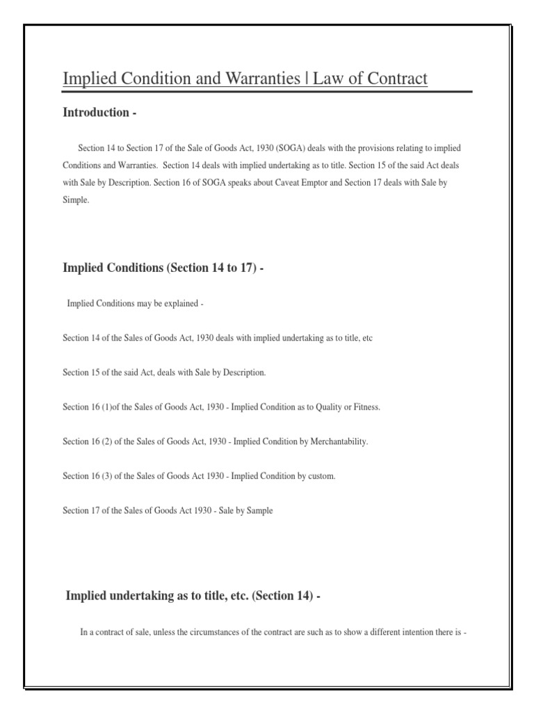 Implied Conditions in Sale of Goods Act | PDF | Implied Warranty ...