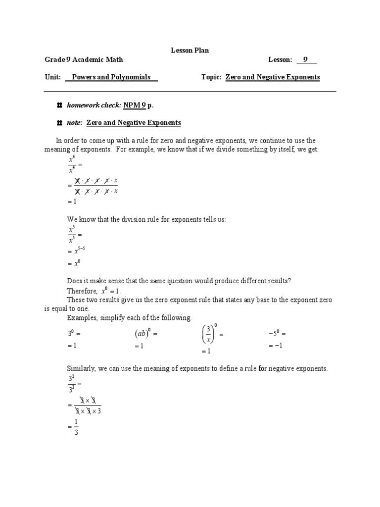 Zero and Negative Exponents Lesson | PDF | Exponentiation | Algorithms