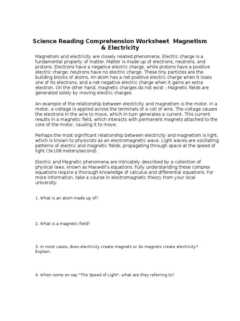 Reading Comprehension Worksheet - 10th Grade | PDF | Electric Charge ...